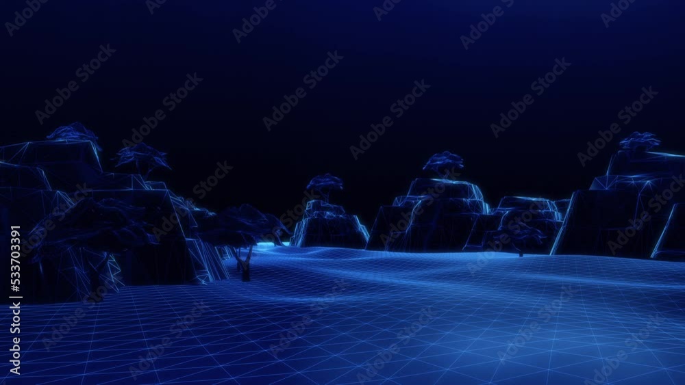 Camera move to wire frame of Trees and cliff model, abstract forest ...