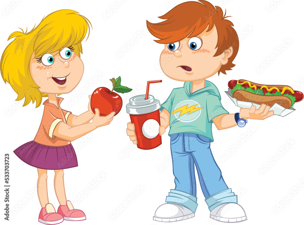 Kids with unhealthy food and fruit. Color vector illustration of a ...