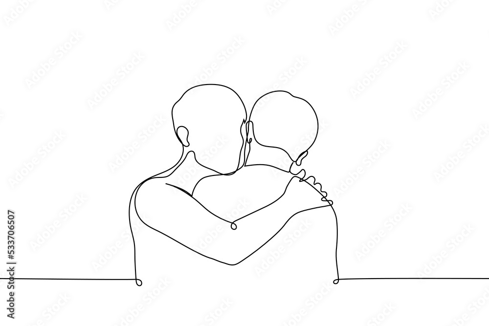 man hugging another - one line drawing vector. concept skinship ...