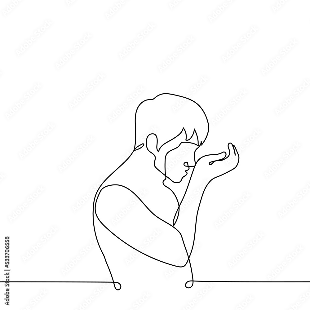 man sniffing his wrist or wiping blood from his nose - one line drawing ...