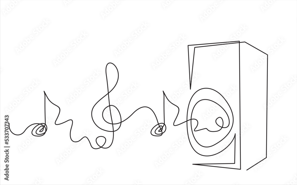 Continuous one line drawing of music column, treble clef and notes as ...