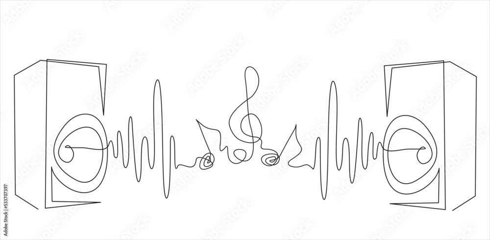 Continuous one line drawing of music column, treble clef and notes as ...