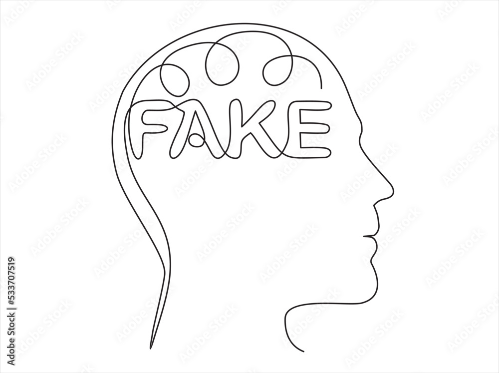 Continuous one line drawing of man head and word"fake" inside as line ...