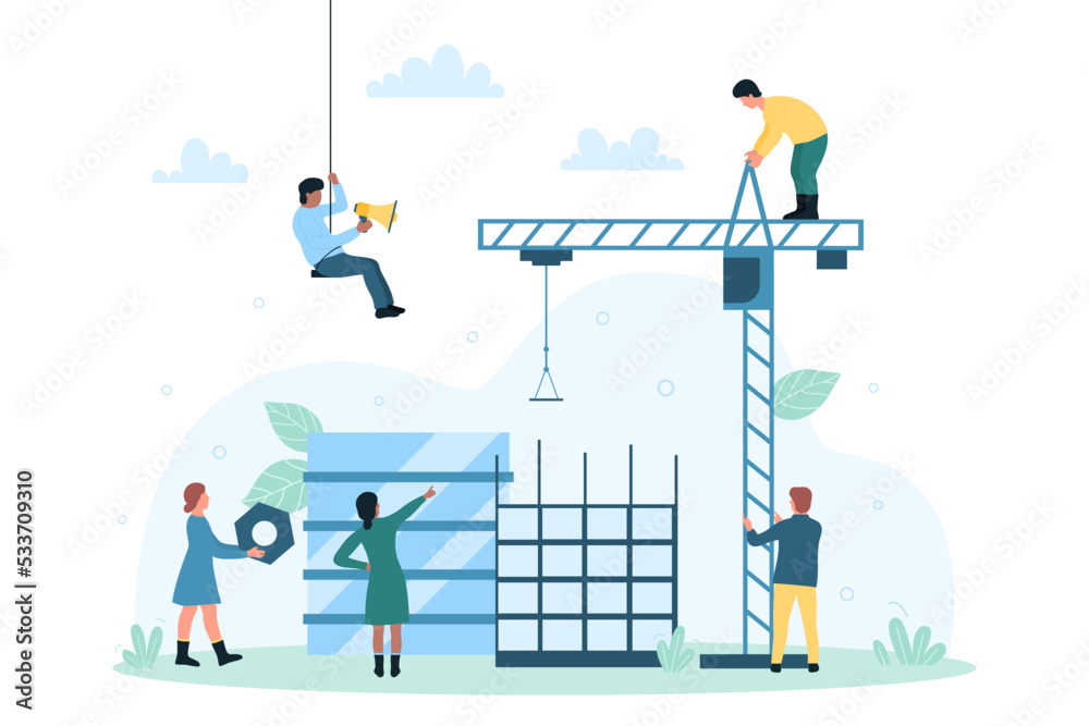 Process of building modern skyscraper at construction site vector ...