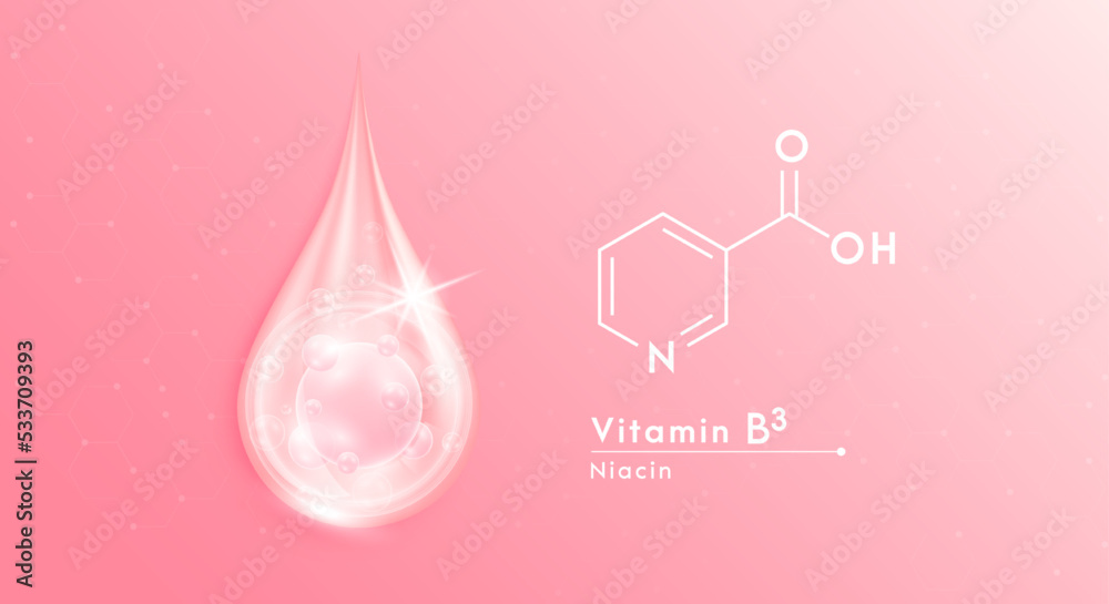 Serum drop water vitamin B3 pink and structure. Vitamins complex with ...