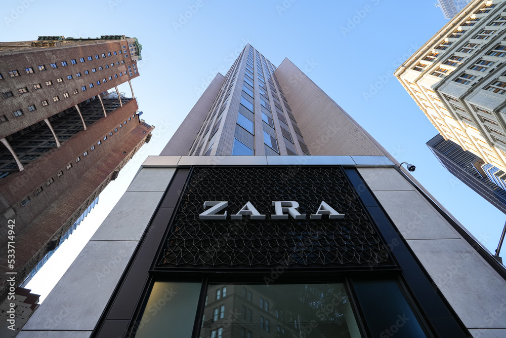 The logo sign of Zara multi-national retail clothing chain, part of ...