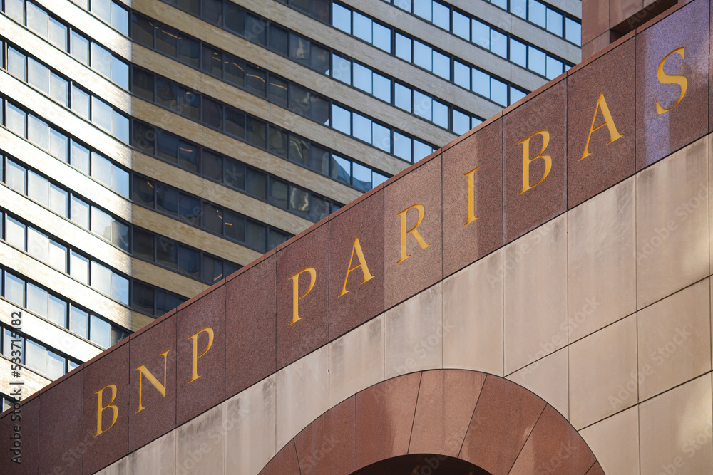 The logo sign of BNP Paribas, second largest banking group in Europe ...