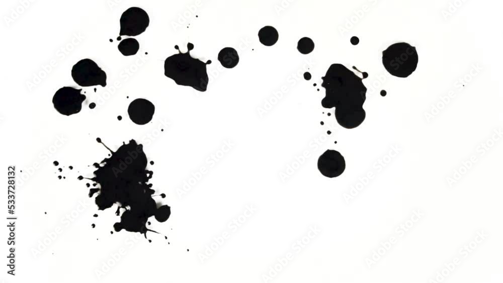 Drop black paint animation on the isolated white background. Abstract ...