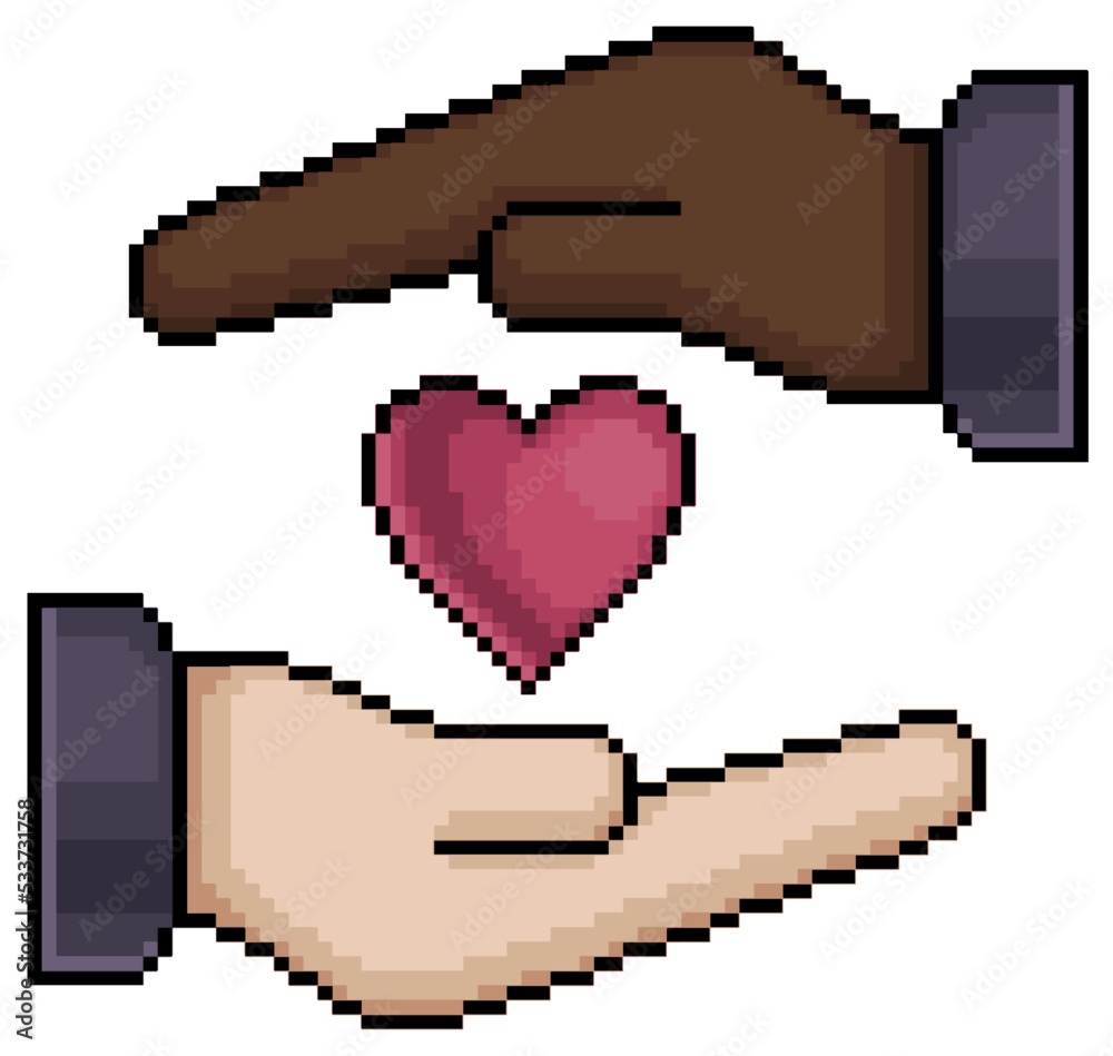 Pixel art white hand and black hand holding heart vector icon for 8bit ...