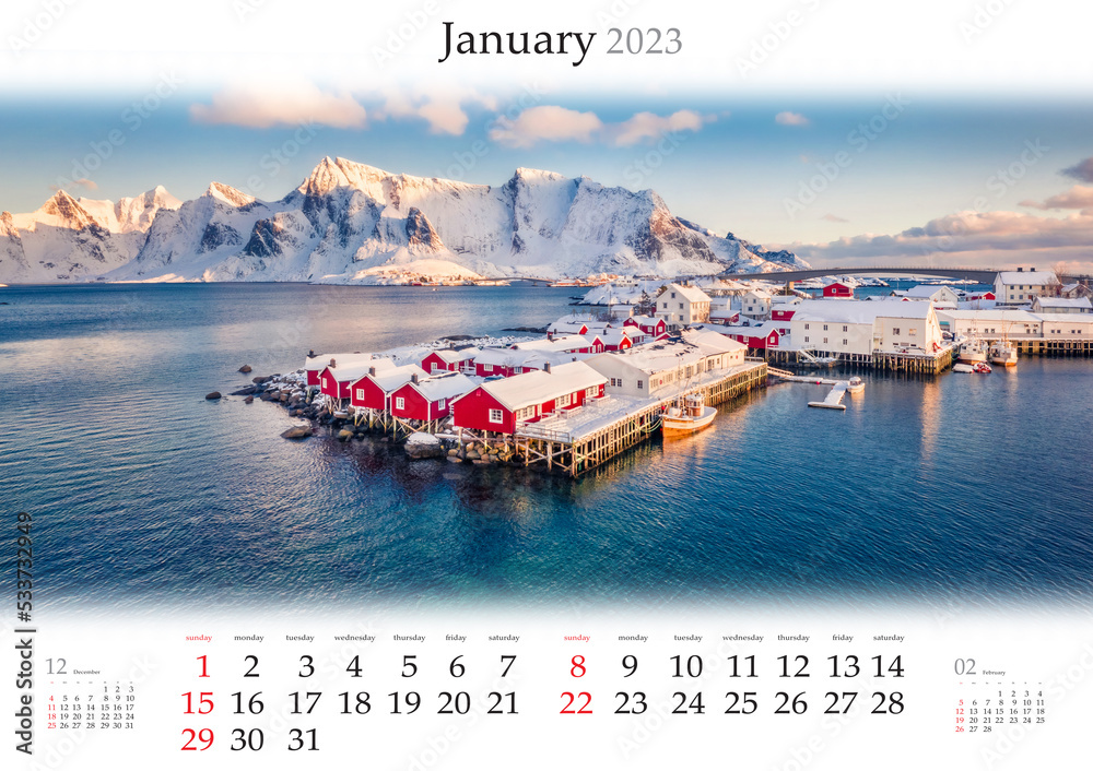 Horizontal wall calendar for 2023 year. January, B3 size. Set of ...