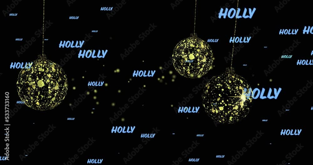 Animation of repeated holly text in blue and gold christmas baubles ...