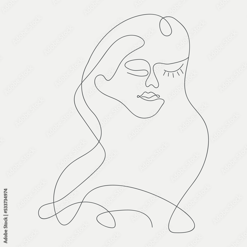Sad woman hand-drawn one-line art drawing, outline illustration Stock ...