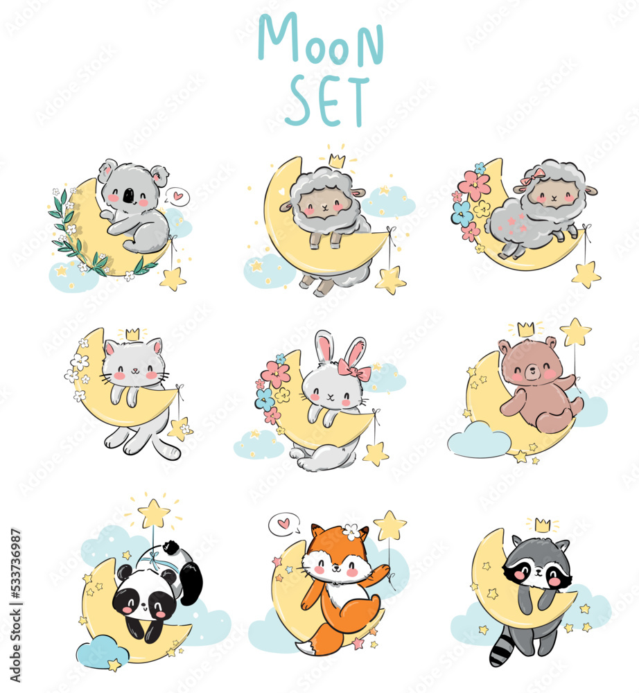 Hand drawn cute animals is sleeping on the moon Set Print design for ...