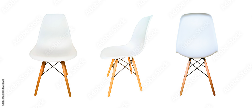 White modern chairs with wooden legs isolated on white background ...