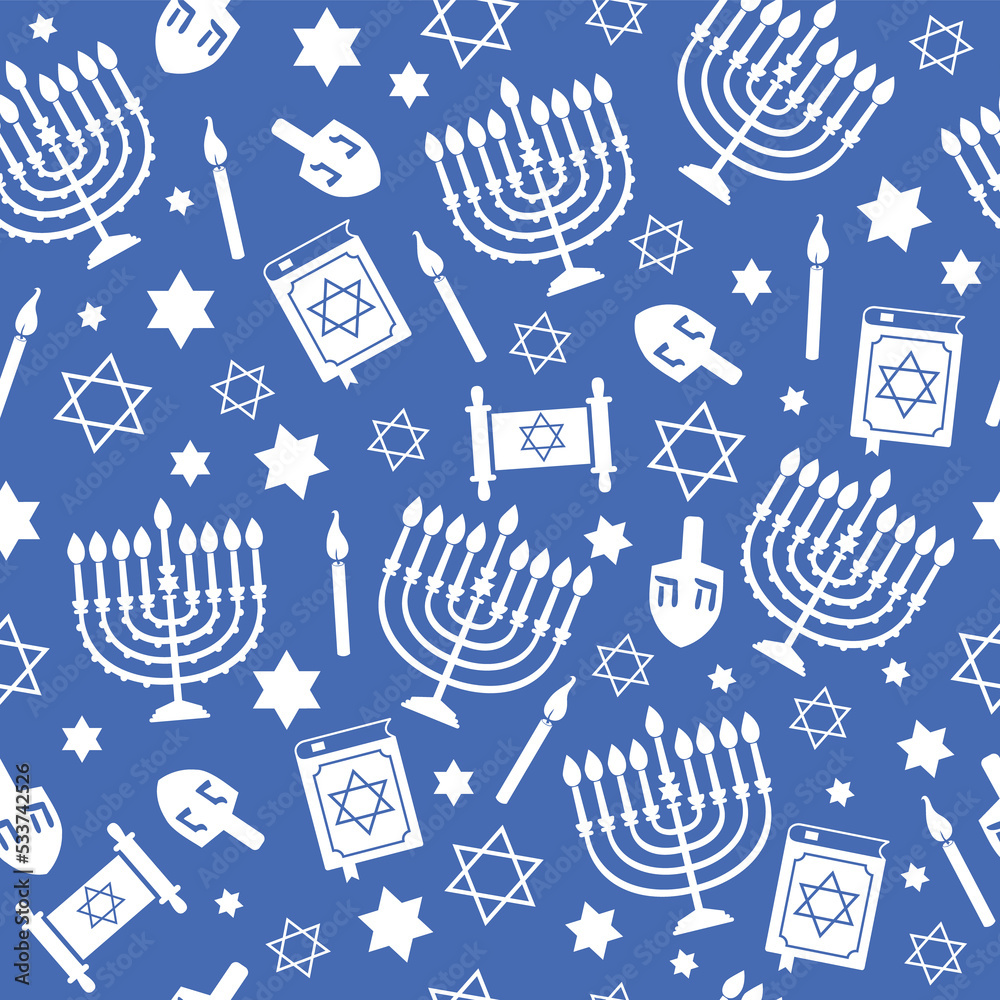 Hanukkah seamless pattern with menorah, dreidel, candles, star of David ...