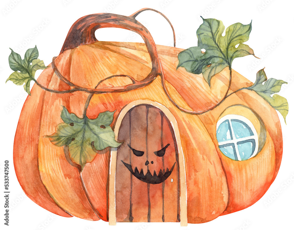 Cute pumpkin house with tiny wooden door and round windows. Squash hut ...
