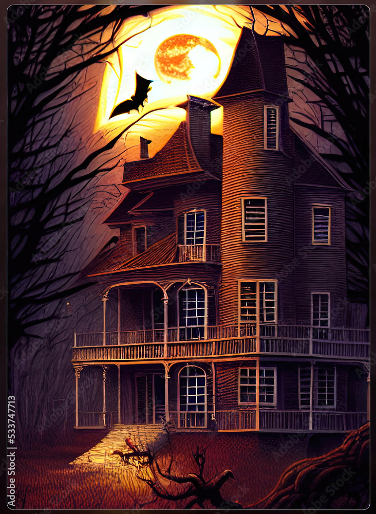 Spooky Haunted House on Halloween with Jack-o-lanterns and Bats Stock ...