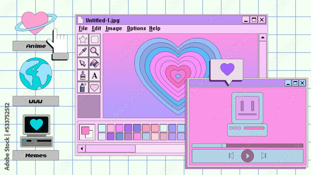 Retro user interface with graphic editor window box and icons. Y2K ...