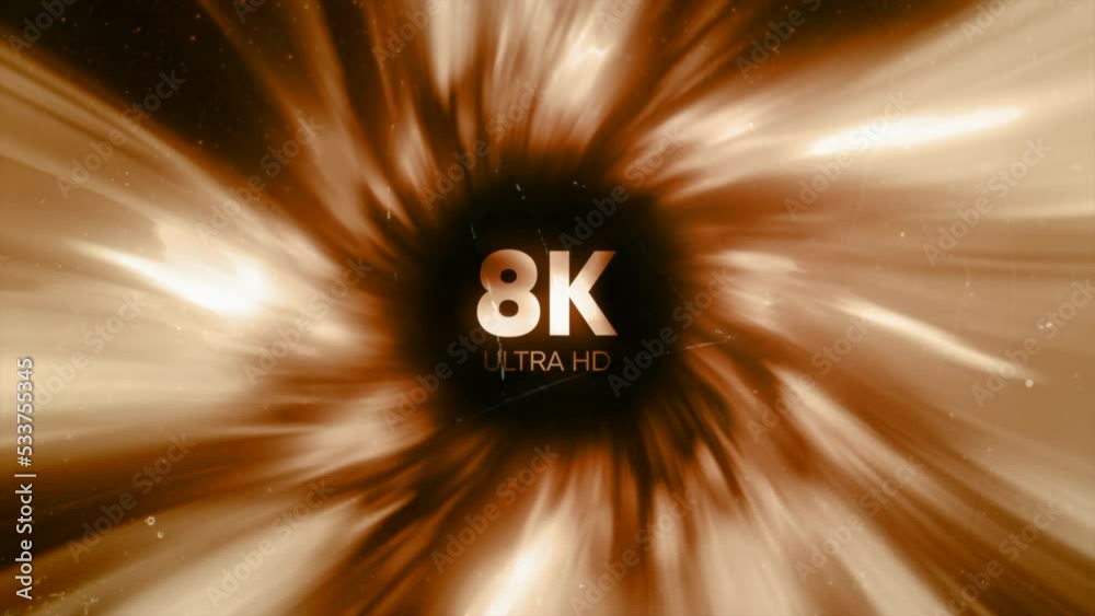 Animation with 8K sign. Motion. Luminous round stream of rays with 8K ...
