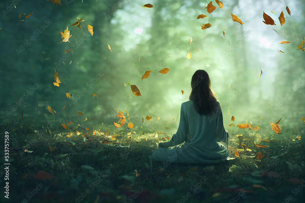 Eine Frau betreibt Meditation im Wald im Herbst Stock Photo | Adobe Stock Eine Frau betreibt Meditation im Wald im Herbst Stock Photo | Adobe Stock