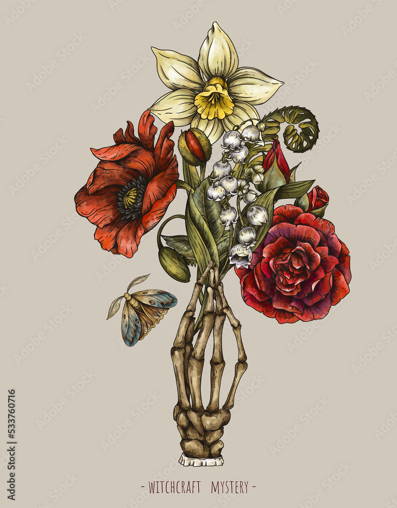 Vintage magic spring flowers with witch death hand, Witchcraft mystery ...