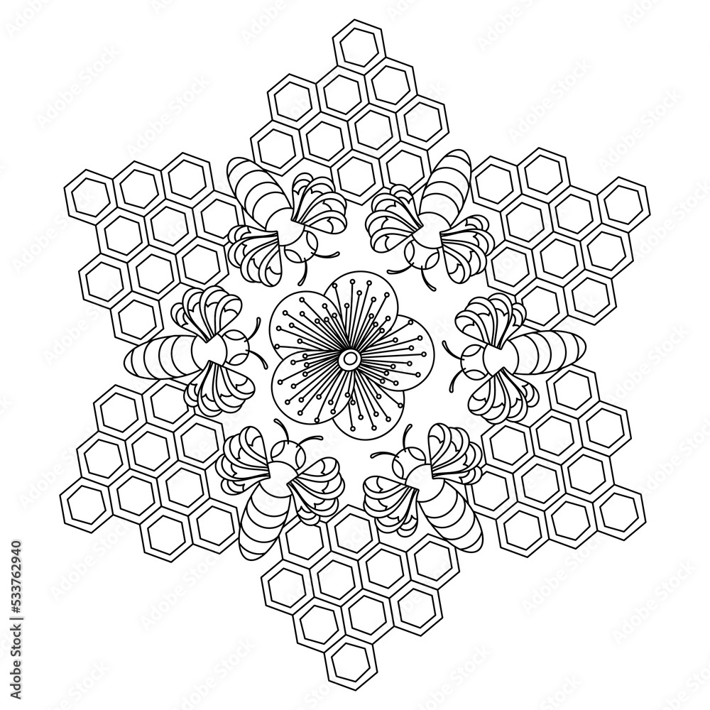 Honey coloring page for adult. Flowers, Honeycomb and bees. Hand drawn ...
