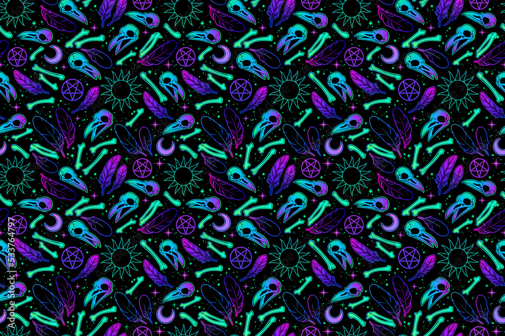 witchcraft seamless pattern with skulls and bird bones as well as magic ...
