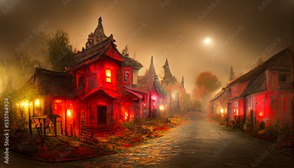 Mystical Autumn Night in the Old Ghost Village 3D Art Illustration ...