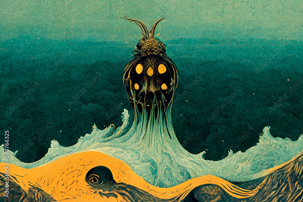 Monster under sea. Ocean phobia. Thalassophobia concept art. Stock ...