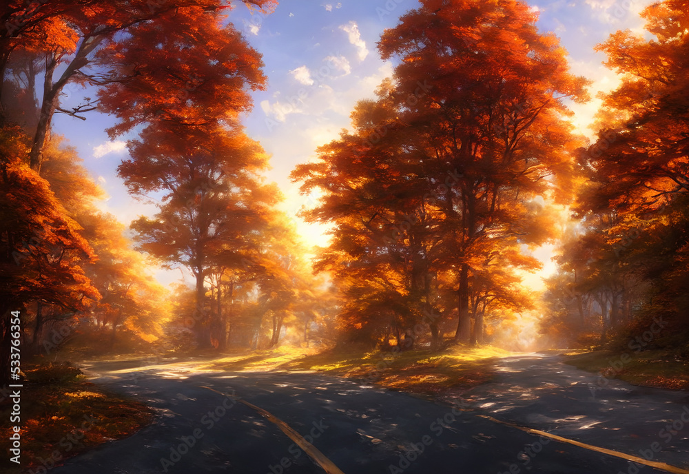 The autumn leaves falling gently to the ground, coating the roads in a ...