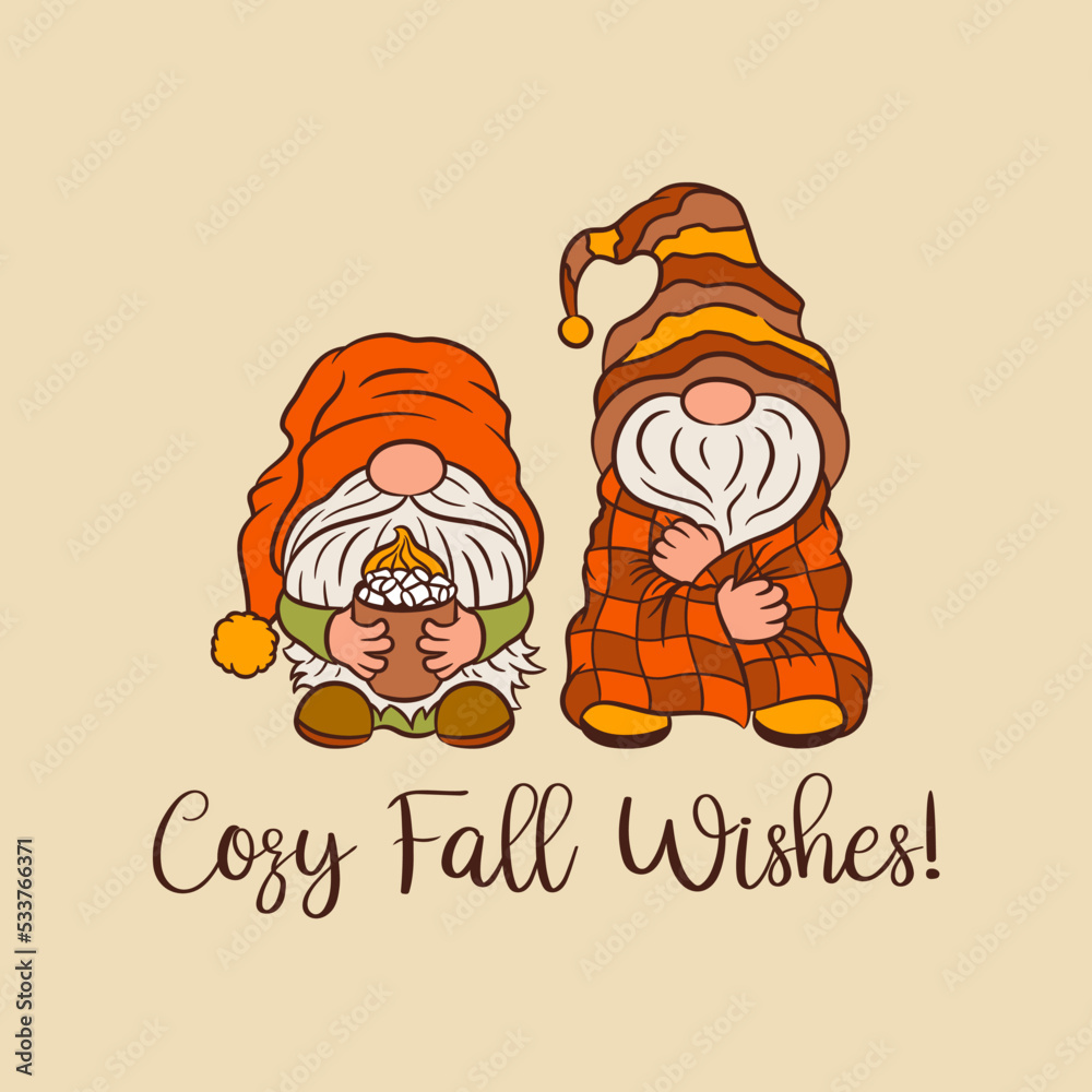 Cute gnomes autumn card template. Cozy fall wishes text. Funny ...