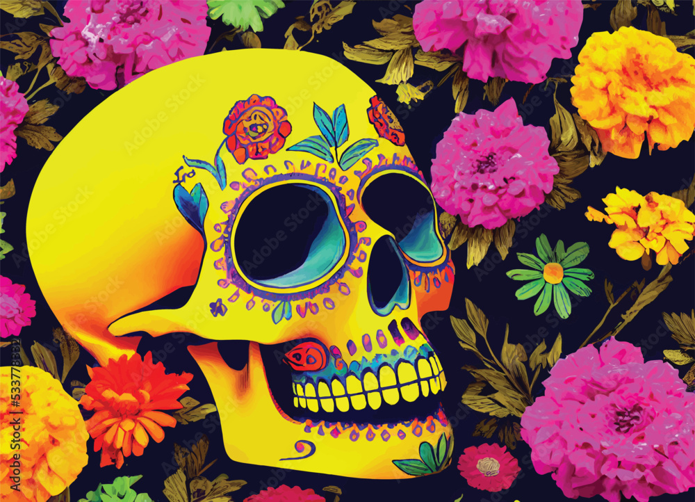 An illustration of a skull and flowers for "Dia De Los Muertos ...