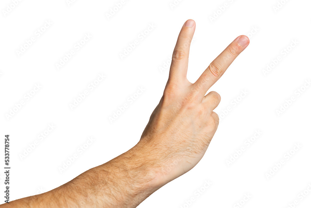 Isolated caucasian male arm making the peace sign gesture with his hand ...