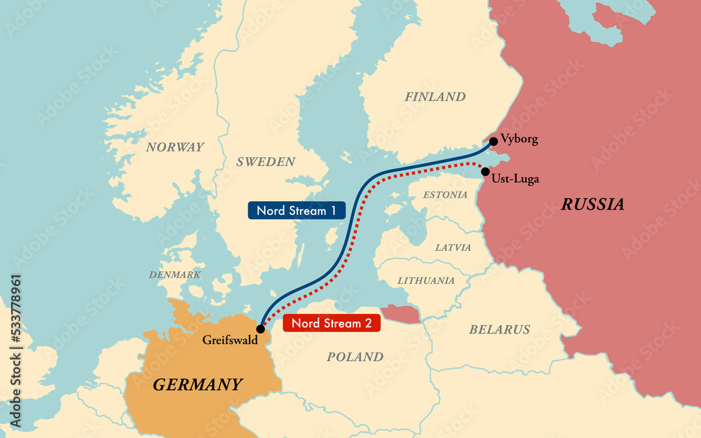 Map of Nord Stream 1 and 2 natural gas pipelines Stock-Illustration ...