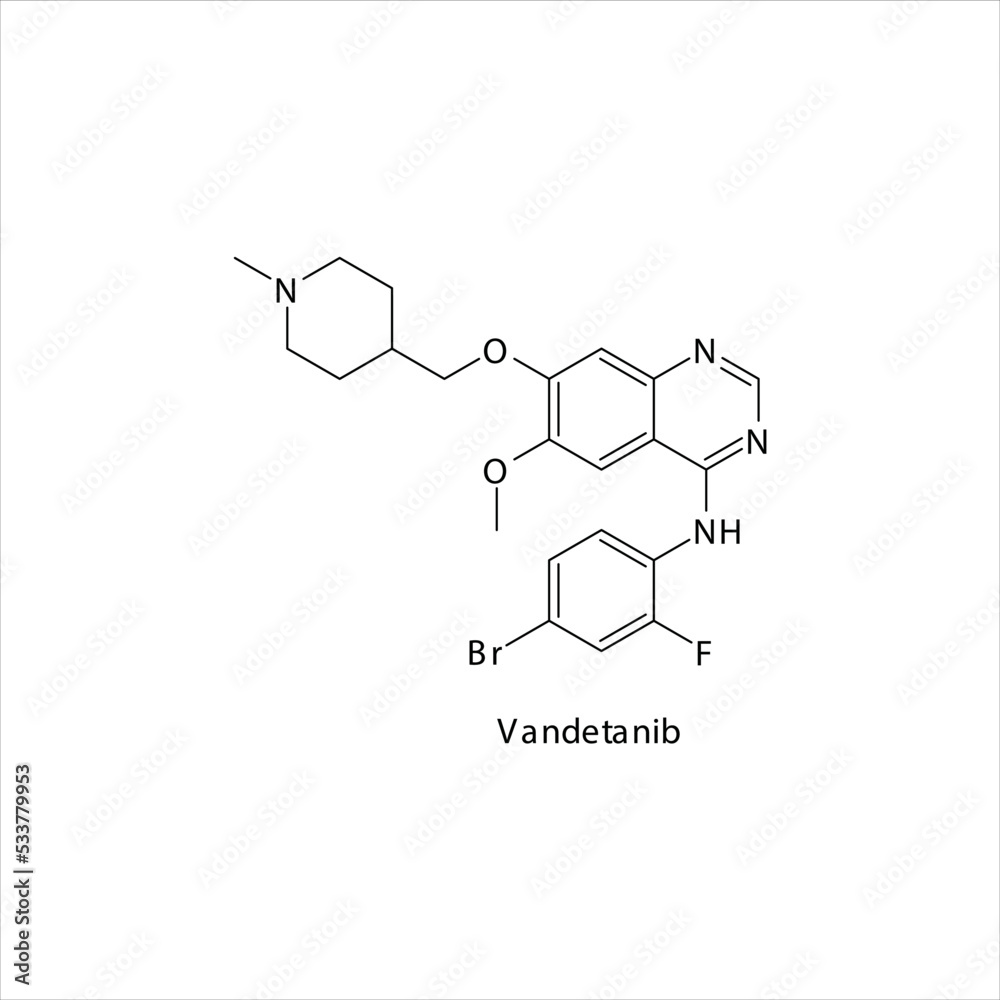 Vandetanib molecule flat skeletal structure, Tyrosine kinase - EGFR ...
