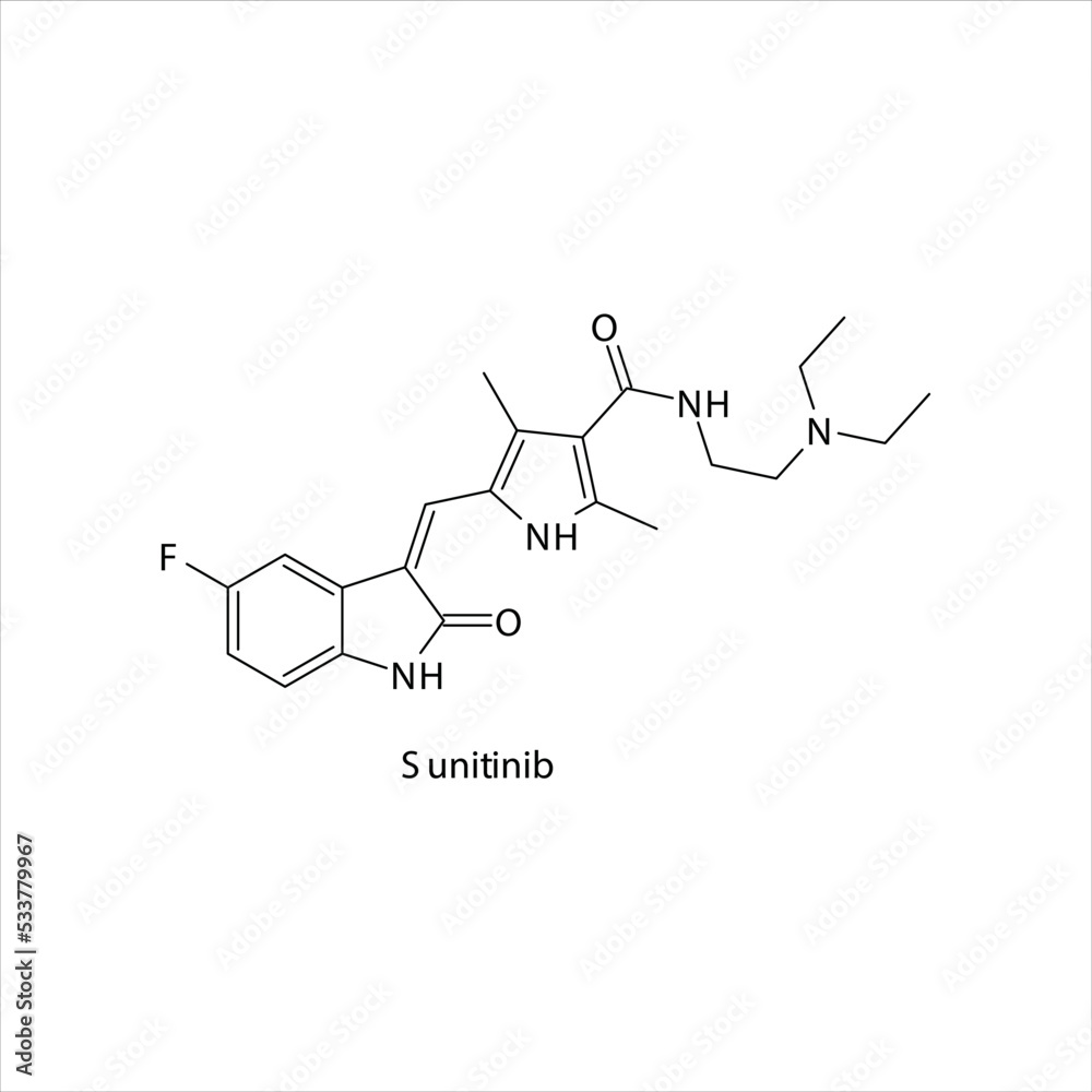 Sunitinib molecule flat skeletal structure, Tyrosine kinase - EGFR ...