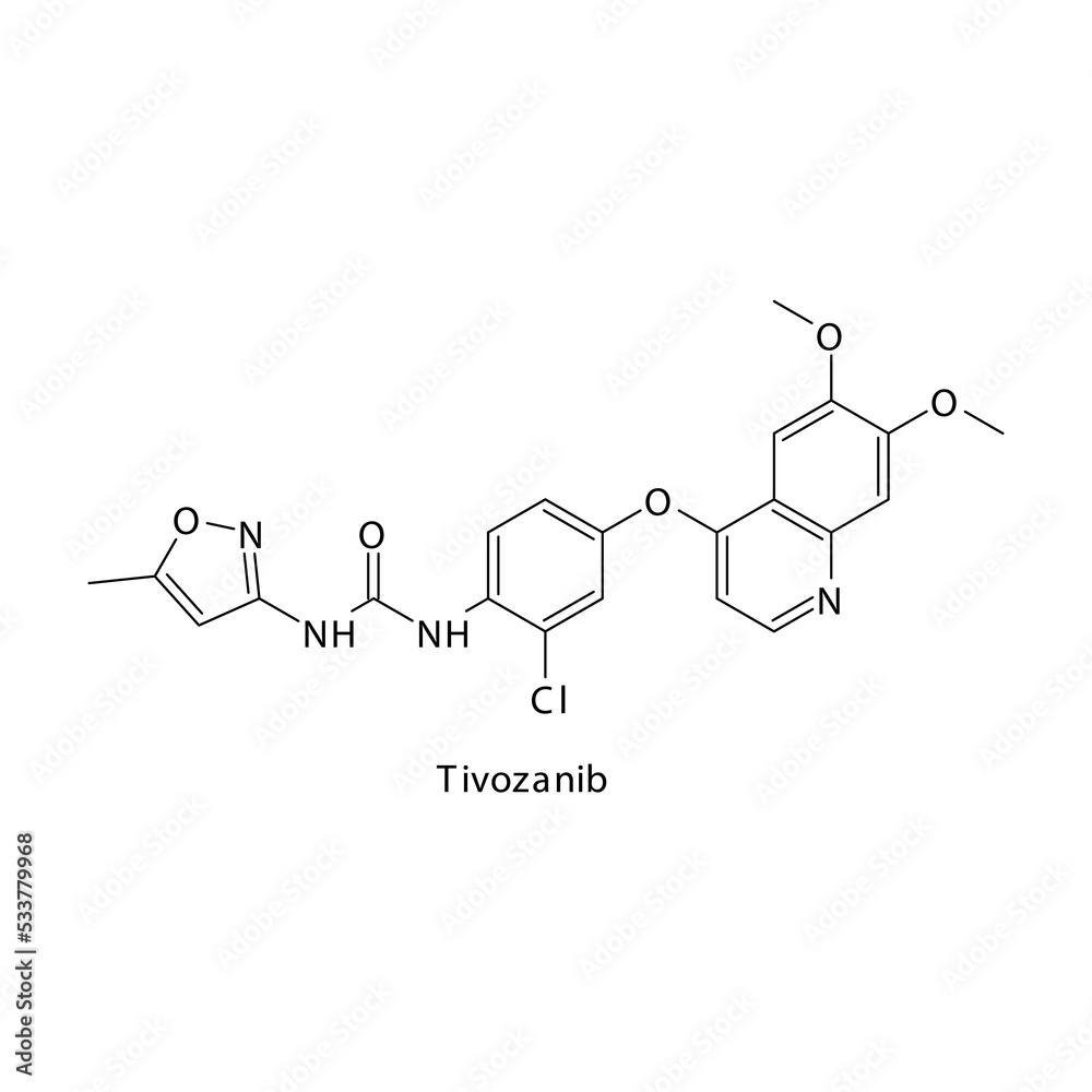 Tivozanib molecule flat skeletal structure, Tyrosine kinase - EGFR ...