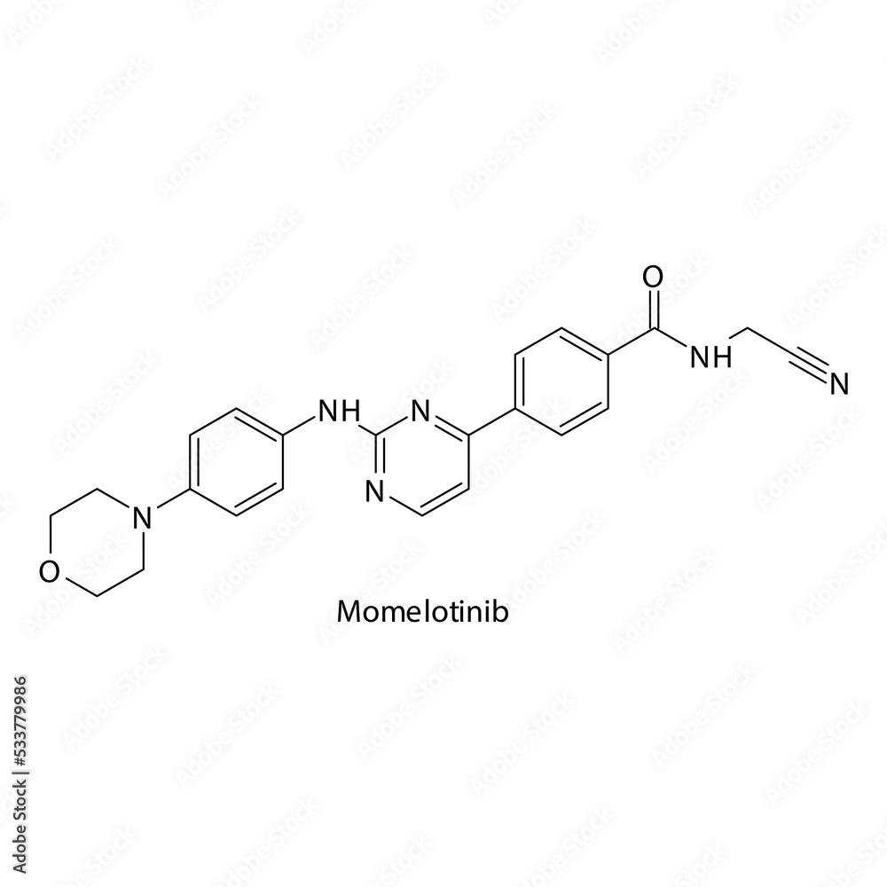 Momelotinib molecule flat skeletal structure, Tyrosine kinase - JAK ...