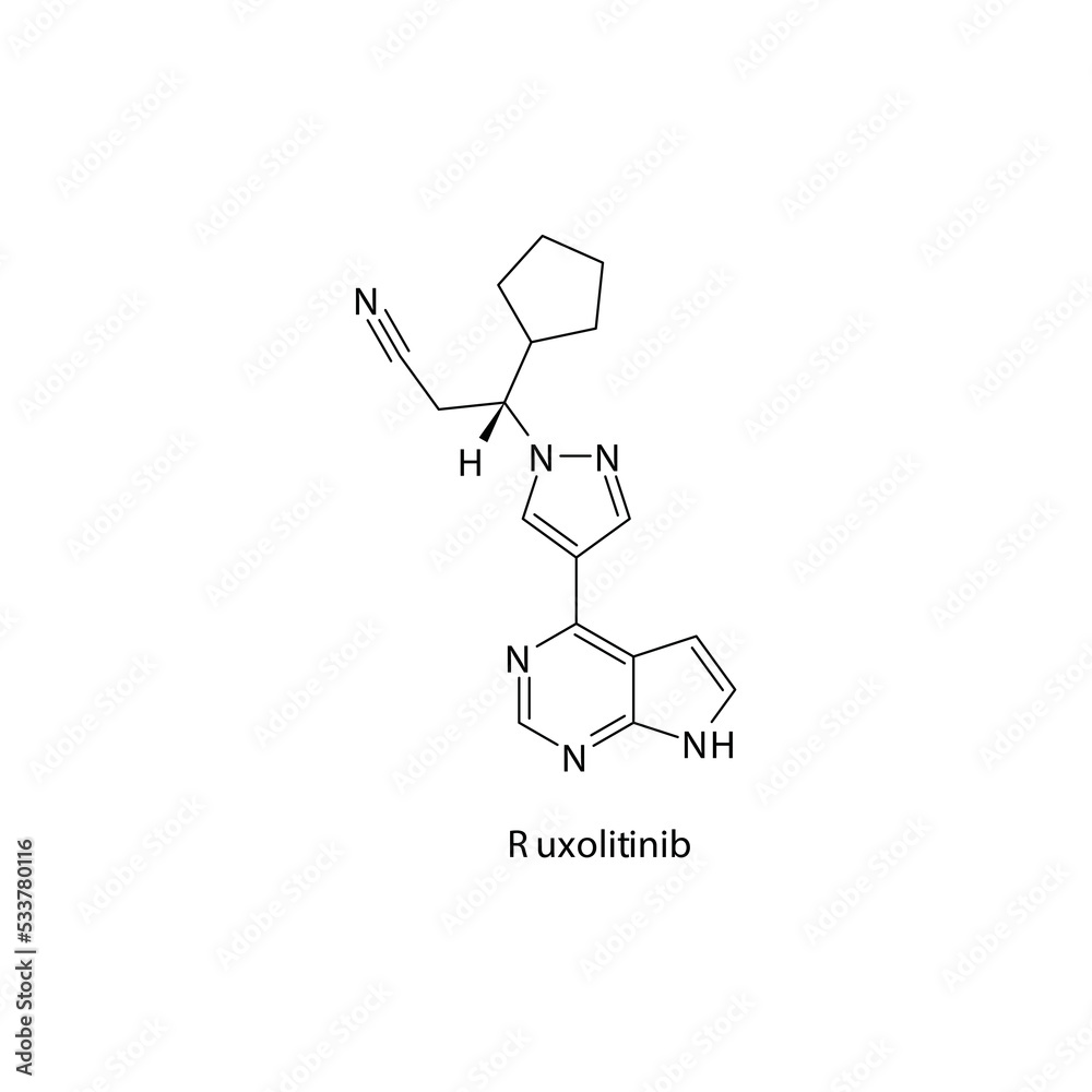 Ruxolitinib molecule flat skeletal structure, Tyrosine kinase - JAK ...