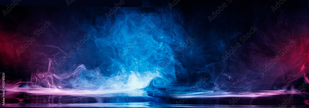 Panoramic view of the abstract fog. Red and blue cloudiness, mist or ...