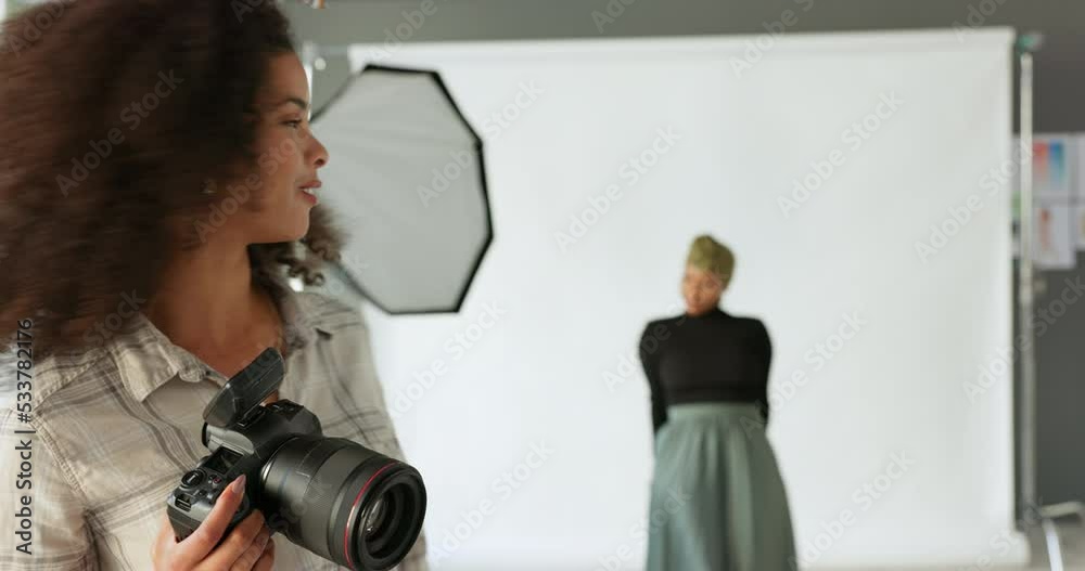 Photographer, model and fashion with a woman photography professional ...