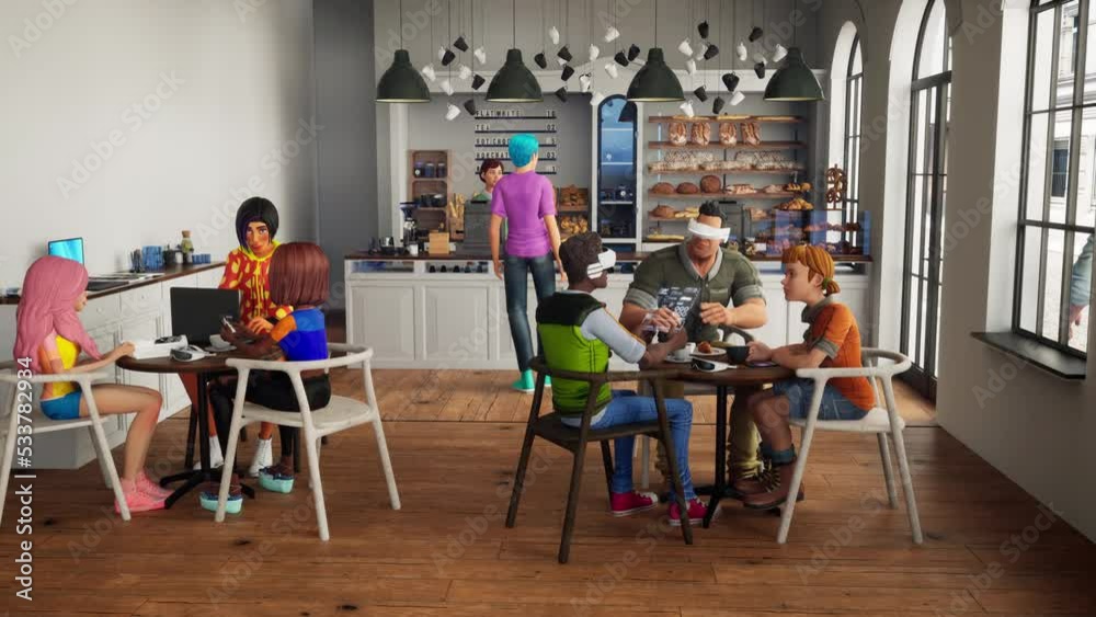 People avatar metting in virtual reality metaverse coffee shop. 3d ...
