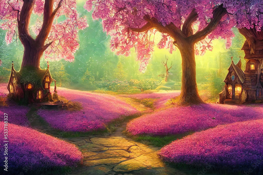 Fantasy fairy tale forest with magical shining window of enchanted elf ...