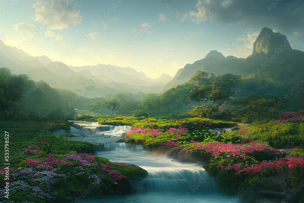 Beautiful River Mountain Forest. Sun Flower Riverbank. Fantasy Backdrop ...