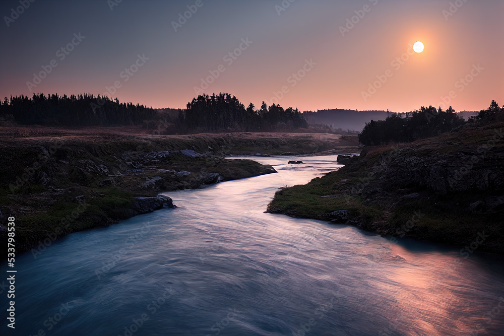 ภาพประกอบสต็อก Beautiful River Mountain Forest. Sun Flower Riverbank. Fantasy Backdrop Concept ...