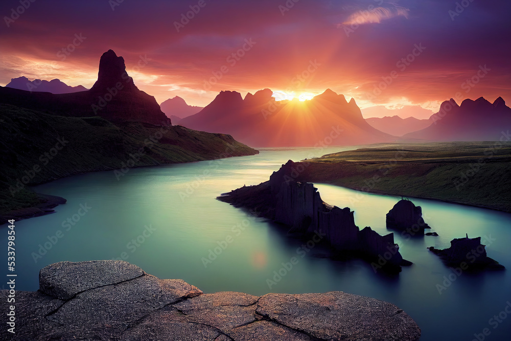 Beautiful River Mountain Forest. Sun Flower Riverbank. Fantasy Backdrop ...