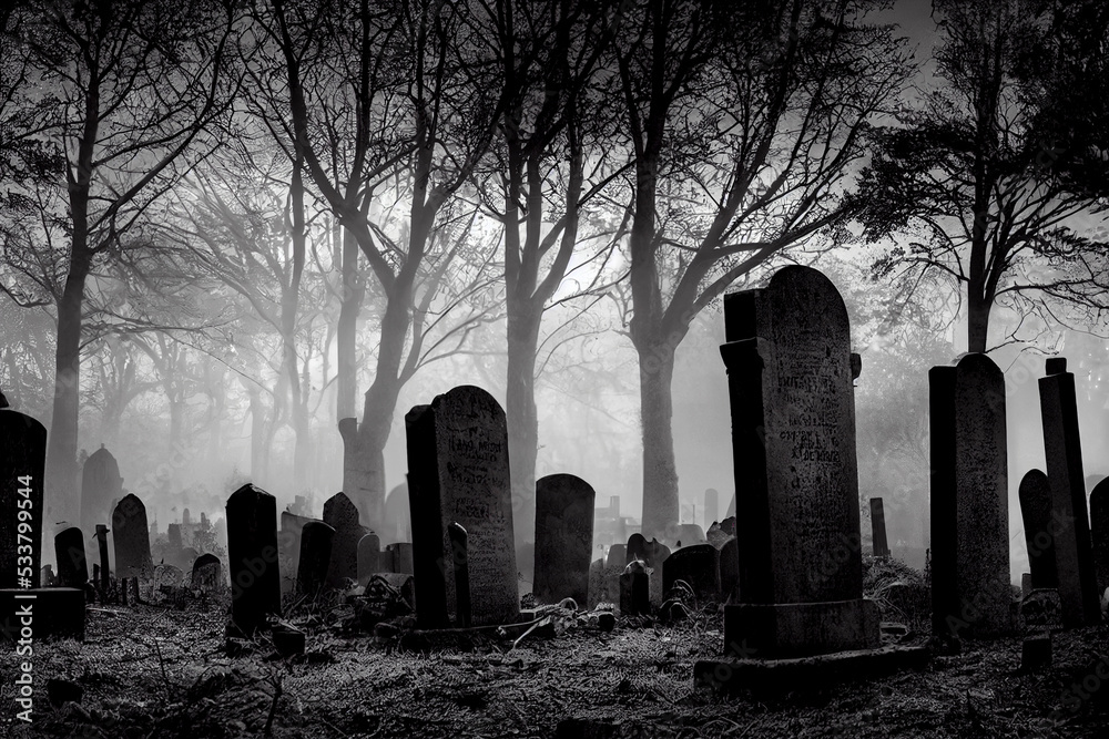 Foto de Creepy foggy graveyard, spooky tombstones do Stock | Adobe Stock