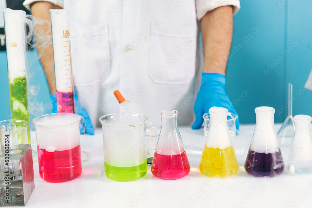 Science chemistry glass tubes objects on lab background. Liquid tube ...