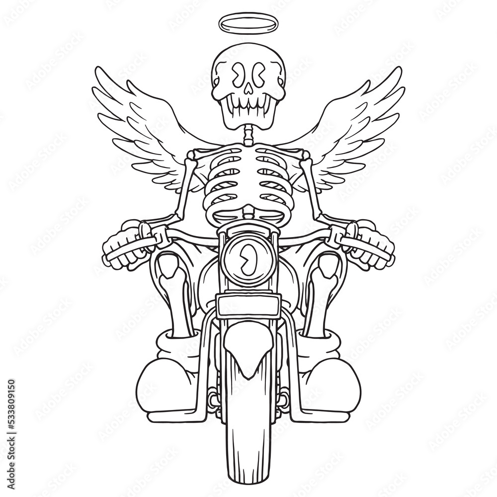 Vetor de Coloring illustration of cartoon skeleton angel mascot riding ...