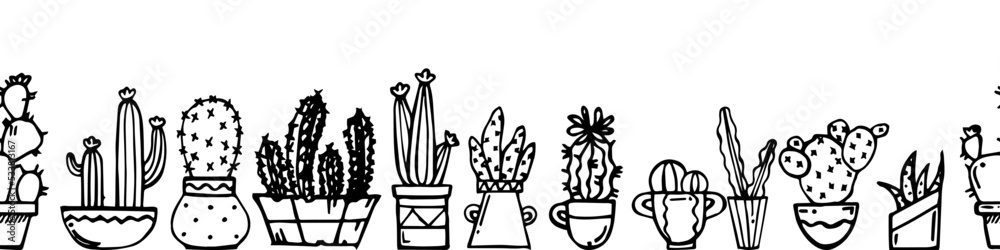 Cacti indoor plants in pots. Bottom border seamless. Exotic home thorns ...